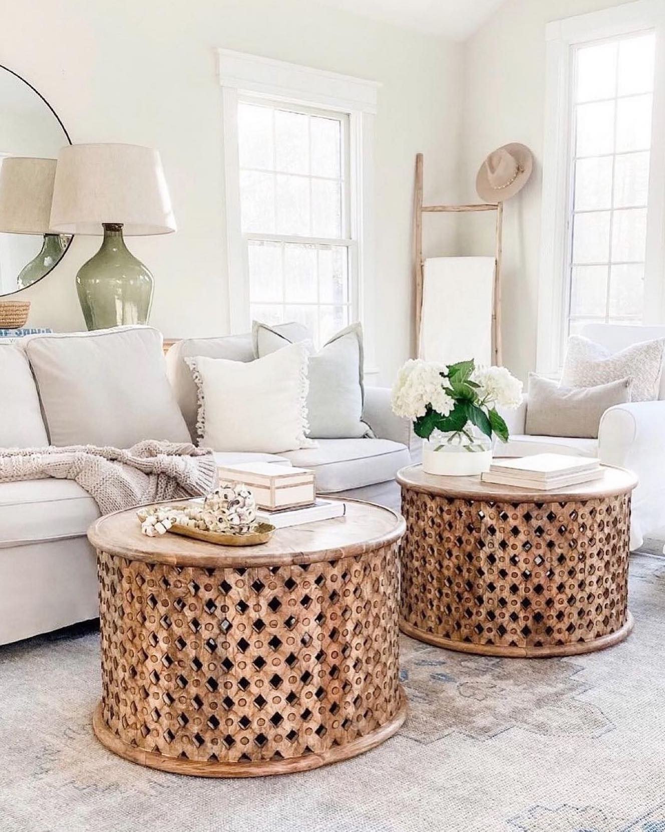 Round Aged Driftwood Carved Wood Lattice Coffee Table World Market